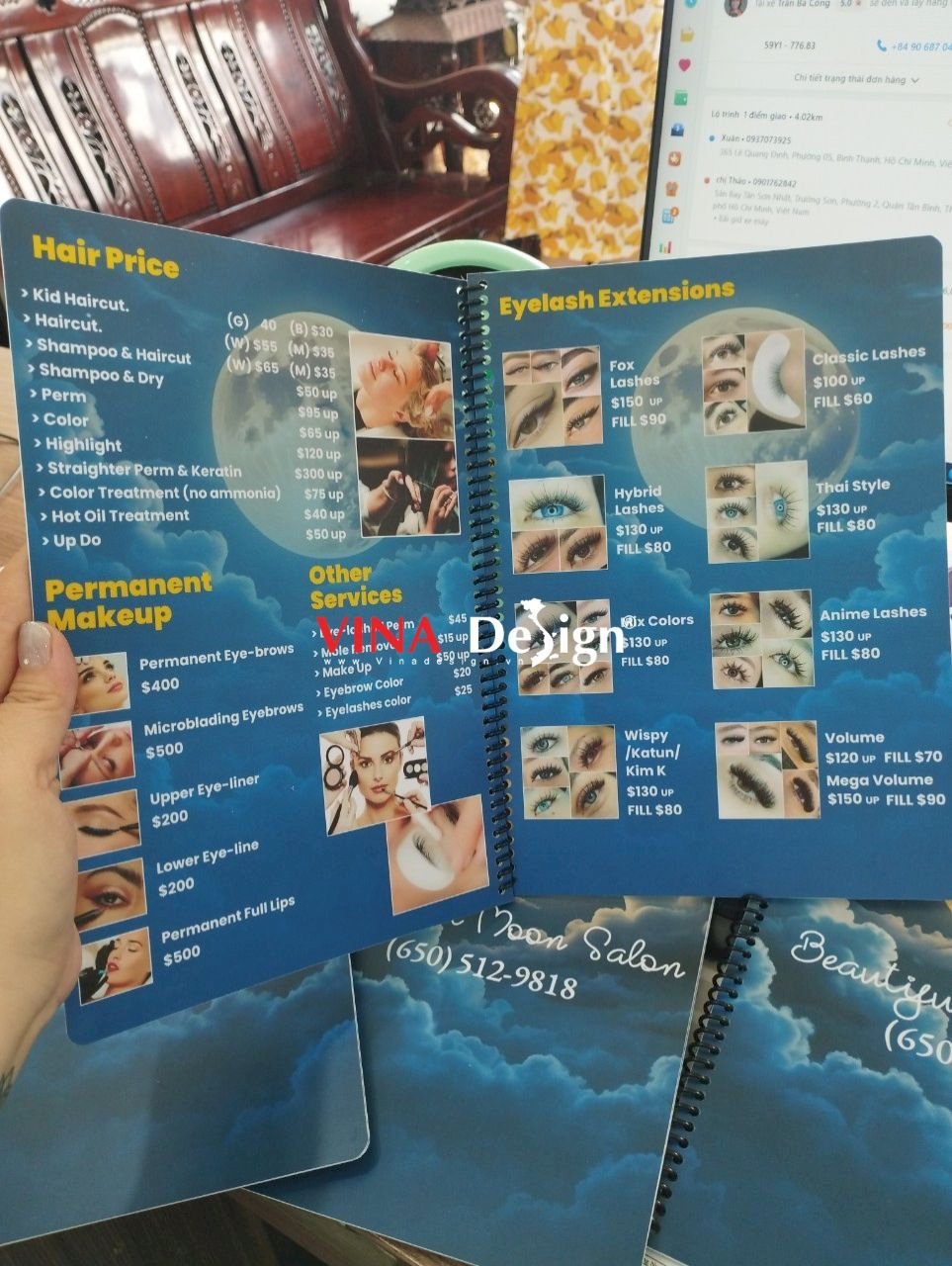 In menu nail spa salon làm đẹp, menu nhựa gáy lò xo, hàng gửi đi ...